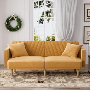 DAMAIFROM Velvet Futon Sofa Bed Set of 2, Mid Century Modern Loveseat Sofa, Convertible Sleeper Sofa Couch with Split Backrest, 75" Futon Couch for Living Room Small Spaces (Ginger