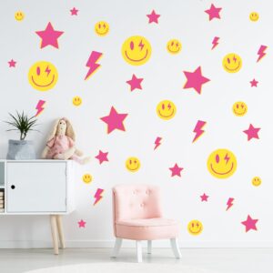 whaline 156pcs preppy wall stickers lightning bolt smile star wall decals pink room mural thunder stickers aesthetic vinyl wall decals for party home nursery decor, 7.9 x 11.8 inch, 12 sheets