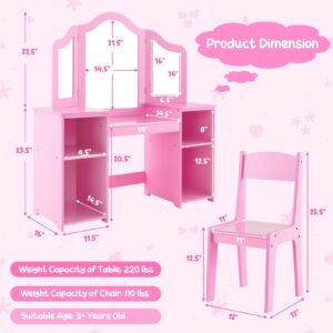 MAT EXPERT Kids Vanity, 2 in 1 Princess Little Girls Vanity with Tri-Folding Mirror, 4 Open Storage Shelves, Wooden Makeup Toddler Vanity Dressing Table, Pretend Play Vanity Set for Girls (Pink)