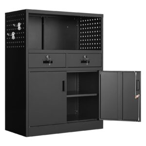 yizosh locking cabinet with 2 drawers, metal storage cabinet with locking doors and shelves - 41.3" steel lockable storage cabinet, metal cabinet for home office, garage, school (black)