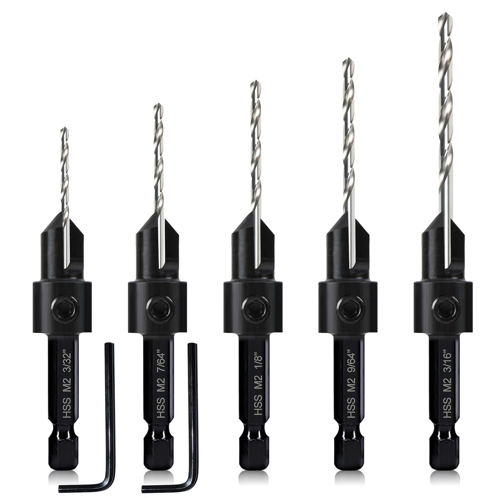 5-pc Woodworking Countersink Counterbore Drill Bit Set 3in1 for #6 8 10 12 16 Screws, M2 Pilot Drill Bits Adjustable Depth, 82-Degree Chamfer with Stop, 1/4” Hex Shank, Includes 2 Allen Wrenches