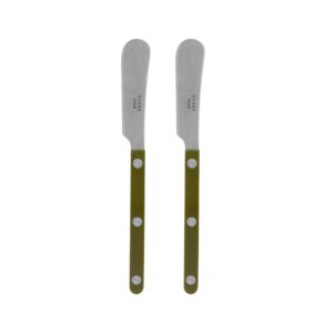 sabre paris - set of 2 spreader knives 5.5 inches - bistrot vintage collection - perfect for butter, tapenades, spreads - stainless steel & nylon - dishwasher safe - fern green - mat finish