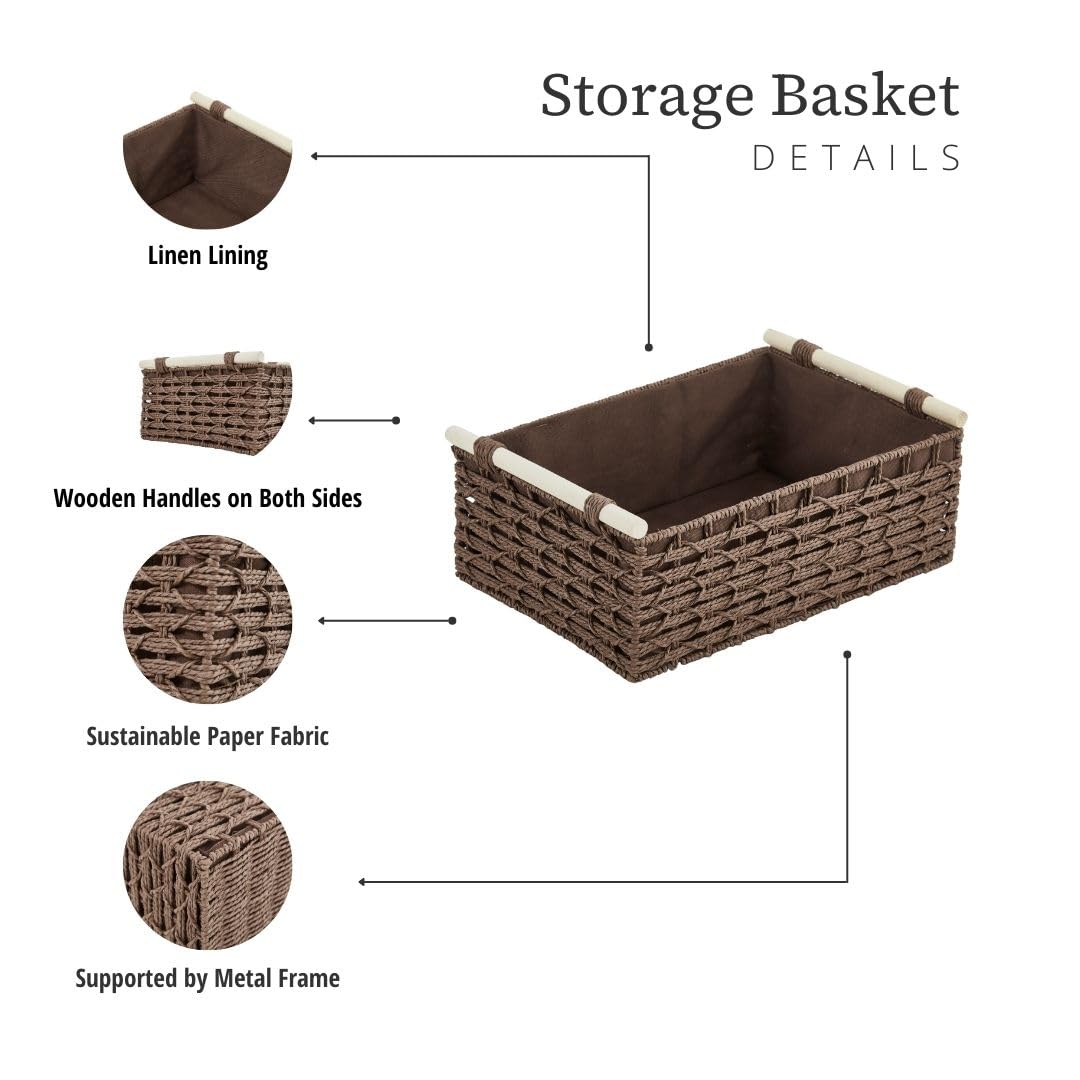 DECOMOMO Wicker Storage Basket, Toilet Paper Basket for Organizing Storage, Paper Rope Baskets with Liner and Wooden Handles for Shelves Cosmetics Books (Brown – 3 Pack)