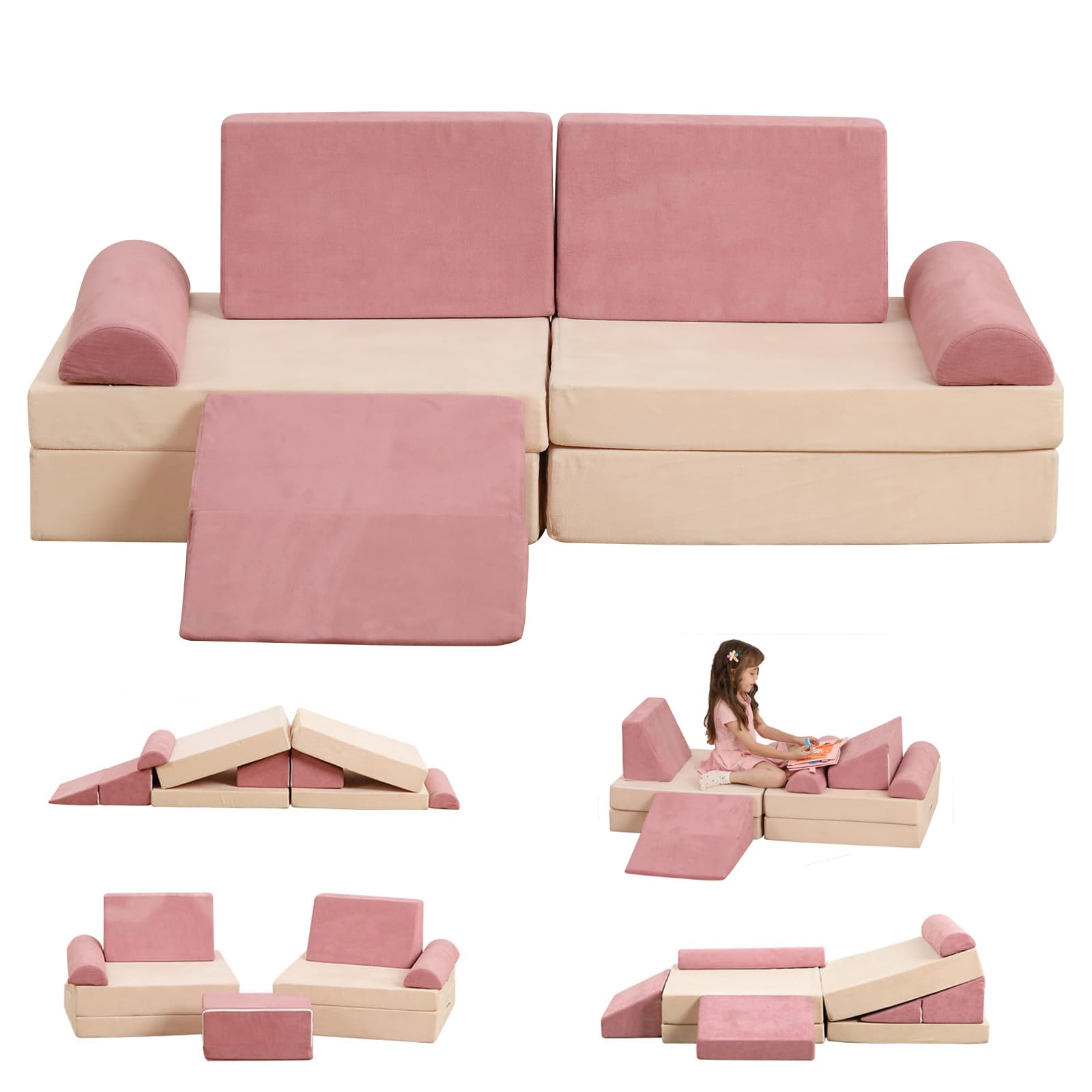 GudoInsole Play Couch Sofa for Kids 9PCS Sectional Sofa Playroom Imaginative Furniture for Creative Kids Girls and Boys Bedroom (Pink)