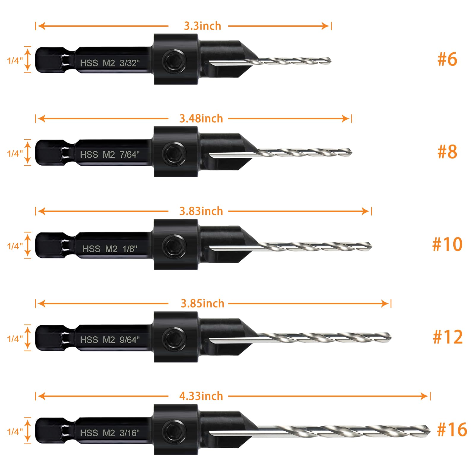 5-pc Woodworking Countersink Counterbore Drill Bit Set 3in1 for #6 8 10 12 16 Screws, M2 Pilot Drill Bits Adjustable Depth, 82-Degree Chamfer with Stop, 1/4” Hex Shank, Includes 2 Allen Wrenches