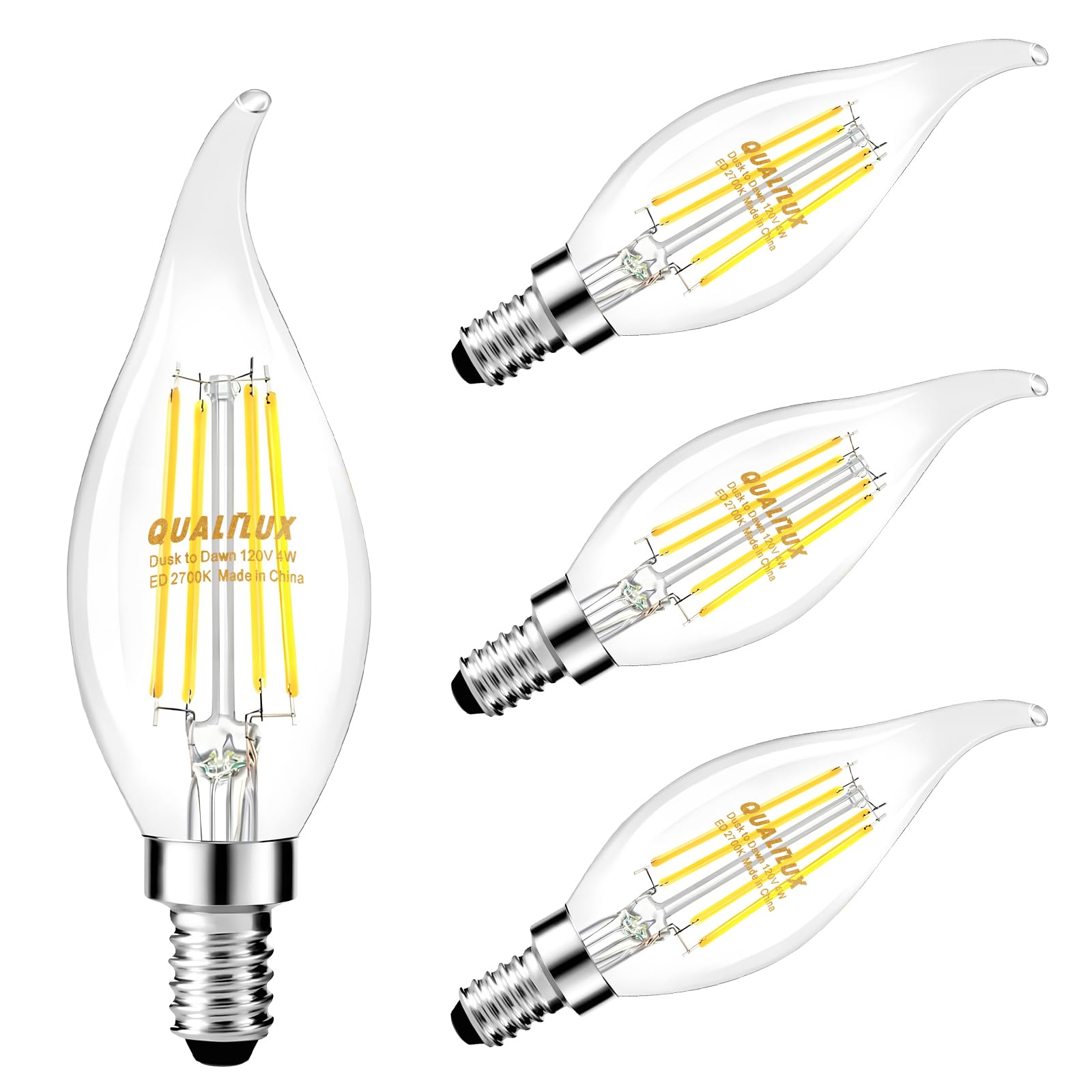 Qualilux Dusk to Dawn Candelabra Light Bulbs Outdoor, 40W Equivalent, Soft White, 4W 450LM, Auto On/Off, CA11 LED Light Sensing Bulb, Candle Flame Tip, Vintage Edison E12 Base, 4-Pack, HQ-H035