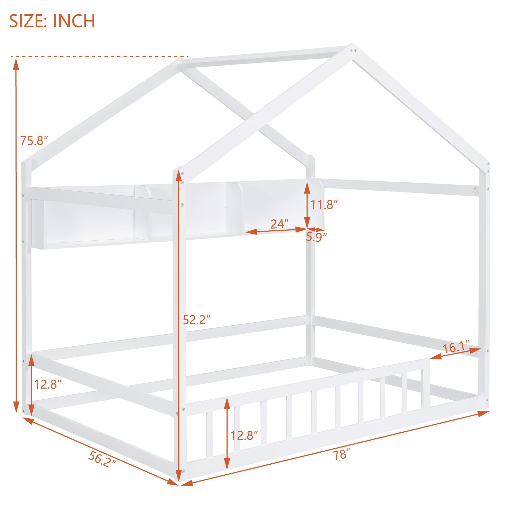 Merax Kids House Bed, Full Size Wooden Bed Frame with Fence, Roof and Storage Shelf for Kids Teens Adults, Wood Slat Support, No Box Spring Needed, Easy Assembly, White