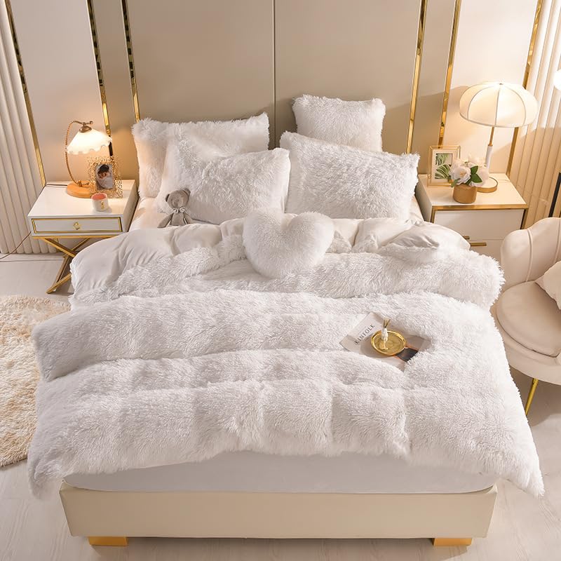 Usfivefam Plush Shaggy White Duvet Cover Set Queen,Luxury Velvet Fluffy Comforter Cover,3PCS Soft White Faux Fur Plush Fluffy Bedding Set,1 Duvet Cover+2 Pillowcases,No Comforter