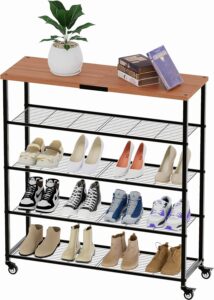 simple trending-5 tier extra large shoe rack, rolling shoe storage organizer and heavy duty casters with brake for closet entryway, steel frame, industrial, rustic wood and black