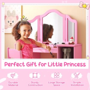 MAT EXPERT Kids Vanity, 2 in 1 Princess Little Girls Vanity with Tri-Folding Mirror, 4 Open Storage Shelves, Wooden Makeup Toddler Vanity Dressing Table, Pretend Play Vanity Set for Girls (Pink)