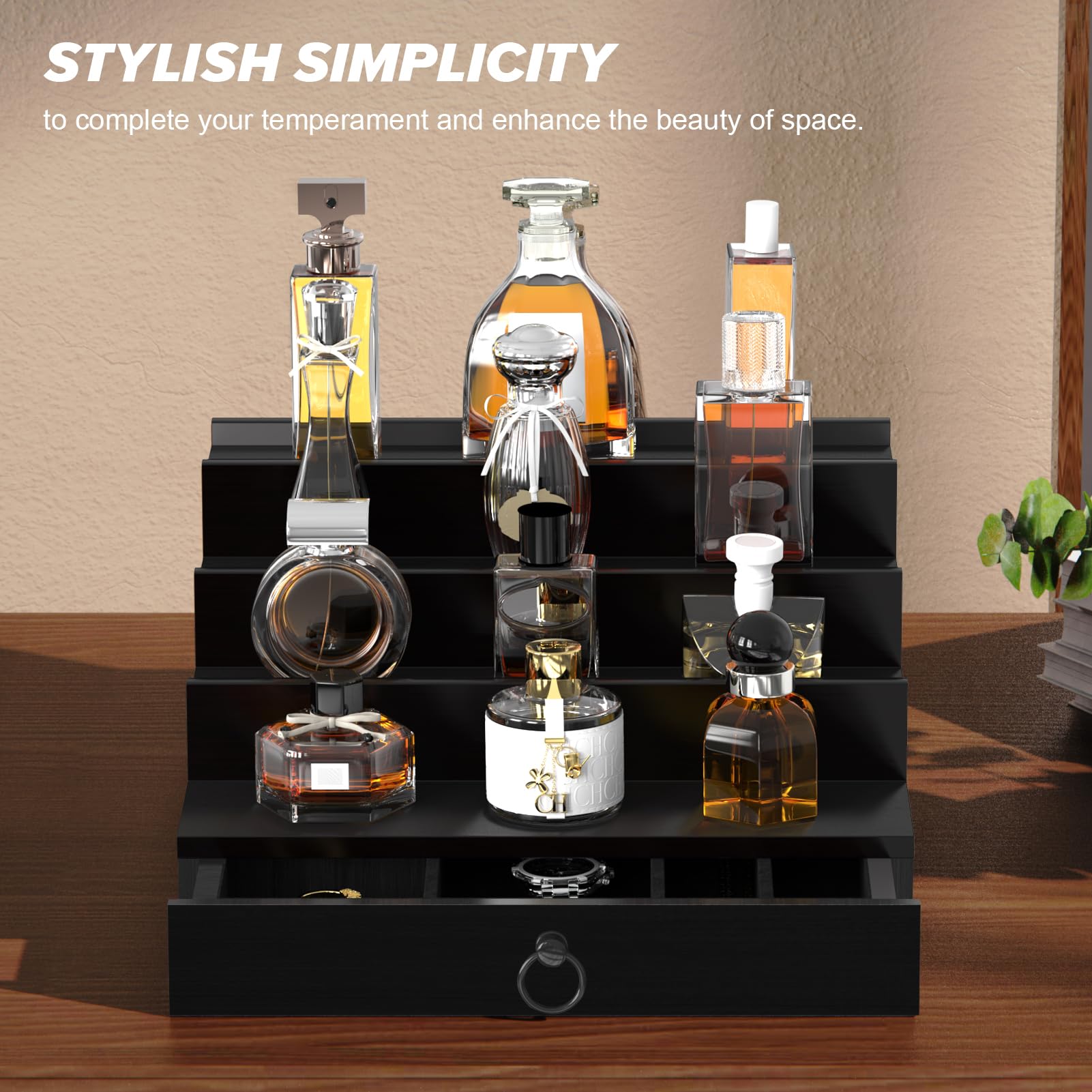 upcessory Cologne Organizer for Men, 4 Tier Black Wood Perfume Organizer with Felt Lining Drawer and Hidden Compartment, Perfume Display Holder, A Gift for Men