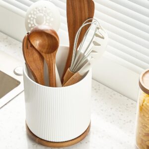 getstar Utensil Holder, 360° Rotating Large Kitchen Utensil Holder, Ceramic Cooking Utensil Holder for Kitchen Counter with Rotatable and Detachable Wooden Base