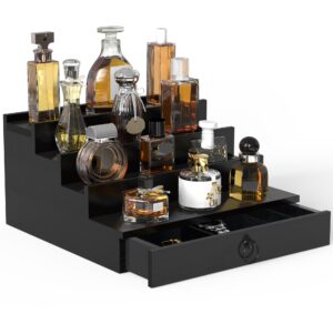 upcessory cologne organizer for men, 4 tier black wood perfume organizer with felt lining drawer and hidden compartment, perfume display holder, a gift for men