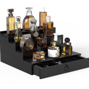 upcessory Cologne Organizer for Men, 4 Tier Black Wood Perfume Organizer with Felt Lining Drawer and Hidden Compartment, Perfume Display Holder, A Gift for Men