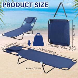 Beeveer 4 Pack Folding Beach Lounger Sunbathing Chair Heavy Duty Tanning Chair with Face Hole Adjustable 5 Position Folding Chairs, Backpack Straps, for Patio Pool Lawn Deck (Navy Blue, Black)