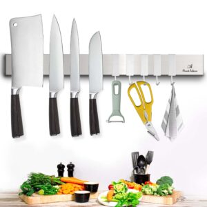 16 inch heavy duty kitchen knife magnetic strip with additional 5 hooks-multipurpose stainless steel magnetic tools, knife & utensil holder- strong magnetic knife holders for wall no drill required