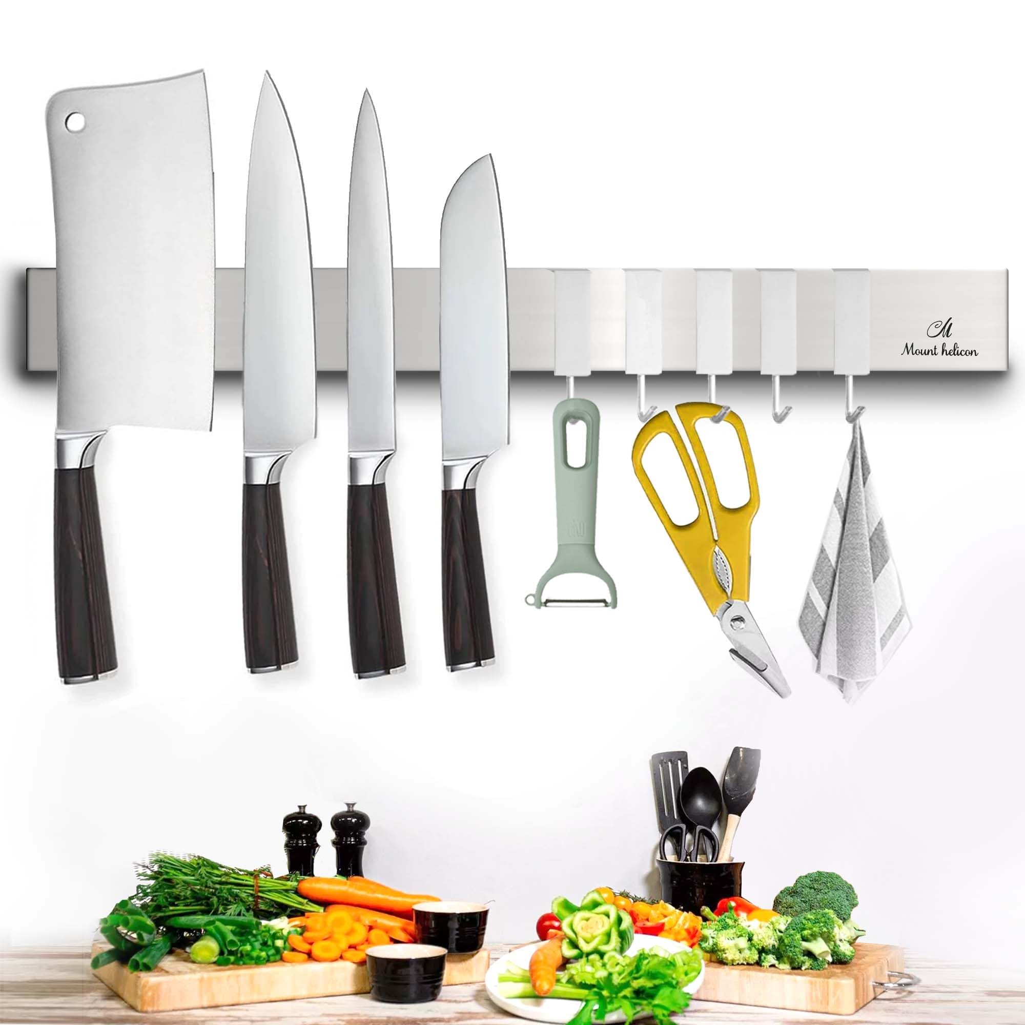 16 Inch Heavy Duty Kitchen Knife Magnetic Strip with Additional 5 Hooks-Multipurpose Stainless Steel Magnetic Tools, Knife & Utensil Holder- Strong Magnetic Knife Holders for Wall No Drill required