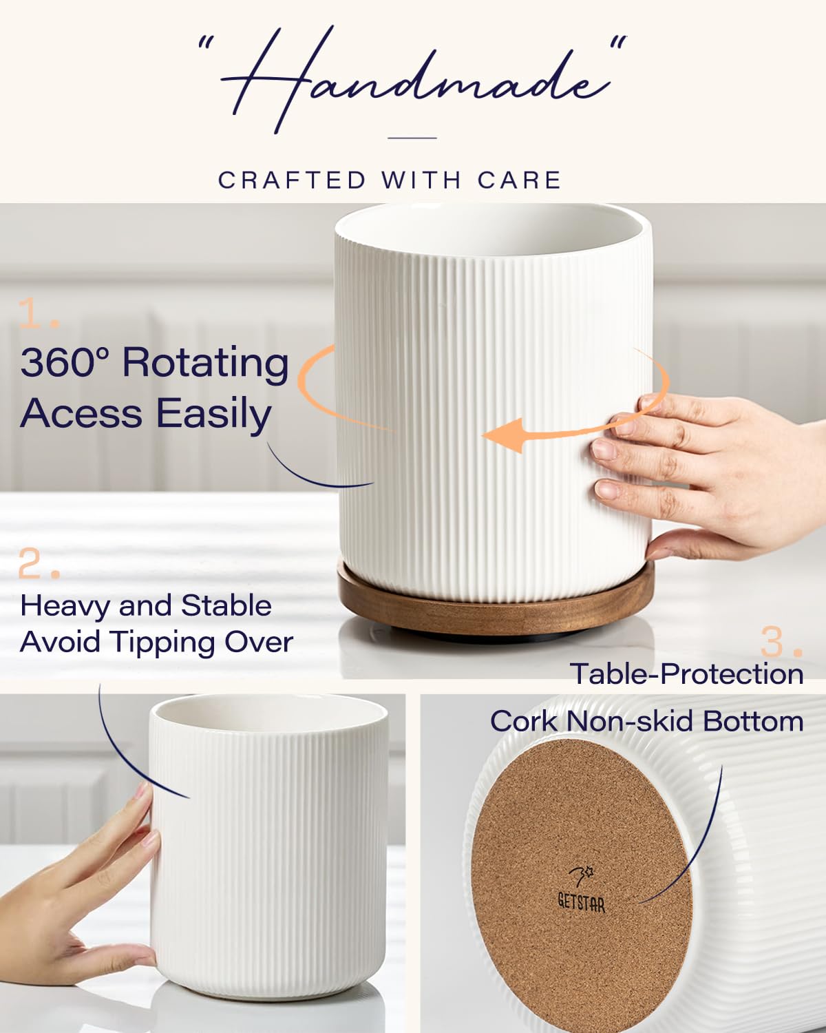 getstar Utensil Holder, 360° Rotating Large Kitchen Utensil Holder, Ceramic Cooking Utensil Holder for Kitchen Counter with Rotatable and Detachable Wooden Base