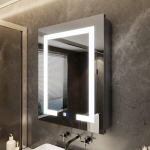 comfystyle 20 x 26 led lighted bathroom medicine cabinet with mirror, recessed or surface mounted led medicine cabinet, black frame,defog,stepless dimming,adjustable shelves,usb port,left hinge