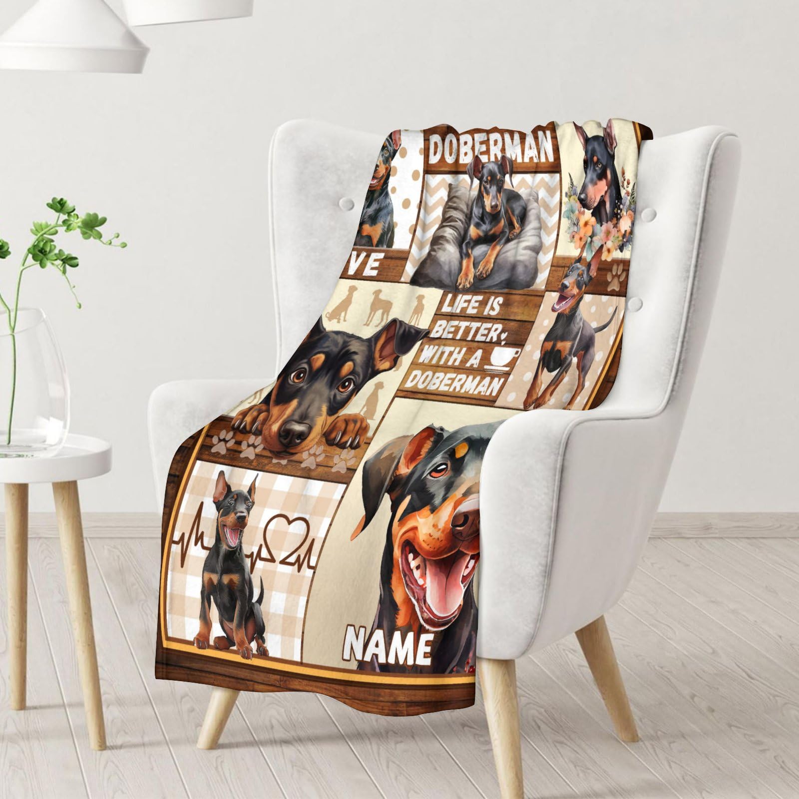 Custom Doberman Blanket Gifts with Name - 60x80 Inches Collage Dog Throw Blanket for Adults, Kids Boys & Girls - Colorful Soft Fuzzy Blankets for Couch, Sofa & Bed