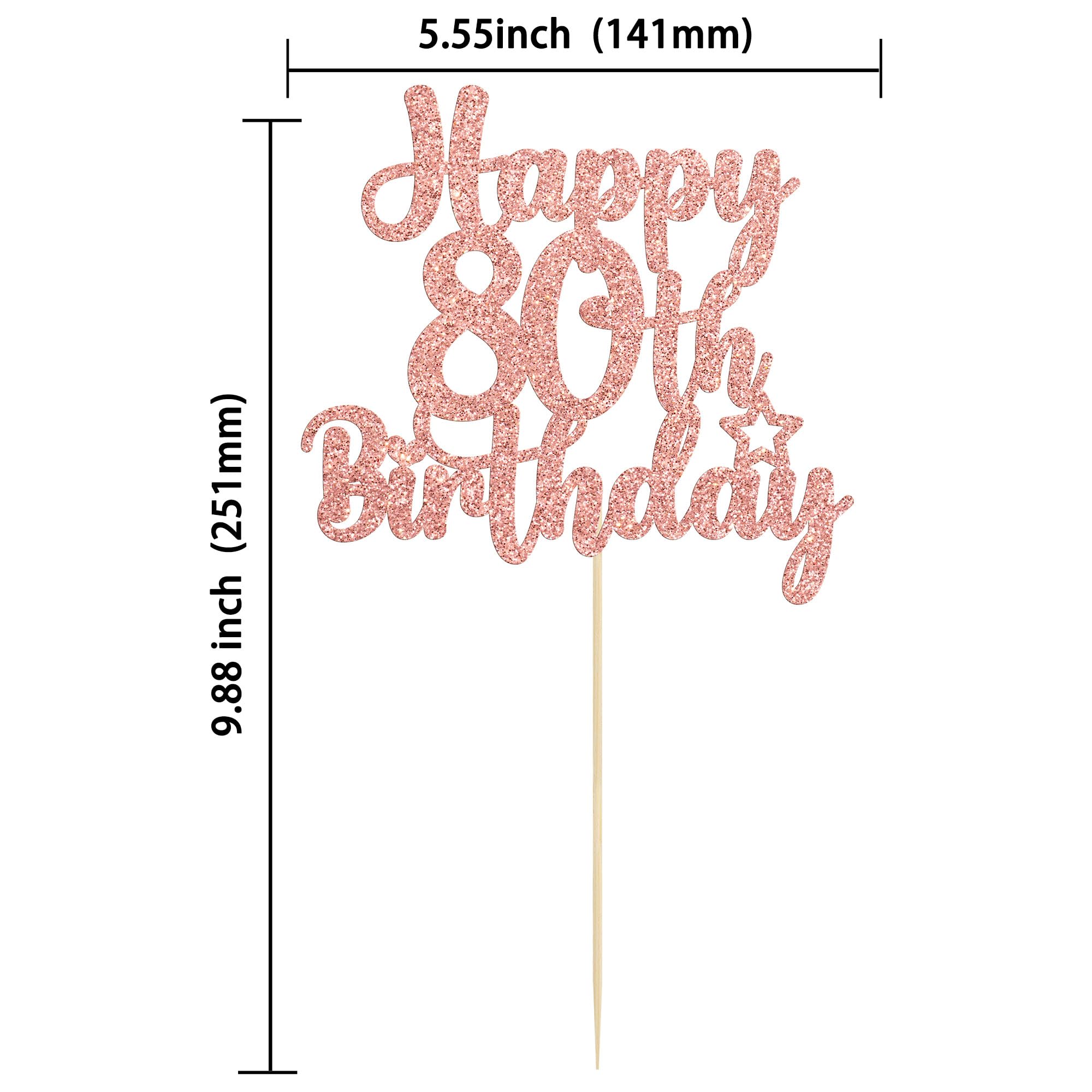 Gyufise 1Pc Happy 80th Birthday Cake Topper Glitter Cheers to 80 Years Old Birthday Cake Pick for Happy 80th Birthday Anniversary Party Cake Decorations Supplies Rose Gold