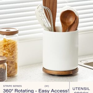 getstar Utensil Holder, 360° Rotating Large Kitchen Utensil Holder, Ceramic Cooking Utensil Holder for Kitchen Counter with Rotatable and Detachable Wooden Base