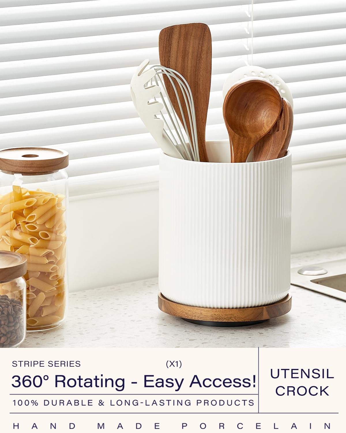 getstar Utensil Holder, 360° Rotating Large Kitchen Utensil Holder, Ceramic Cooking Utensil Holder for Kitchen Counter with Rotatable and Detachable Wooden Base