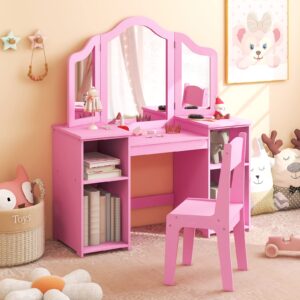 mat expert kids vanity, 2 in 1 princess little girls vanity with tri-folding mirror, 4 open storage shelves, wooden makeup toddler vanity dressing table, pretend play vanity set for girls (pink)