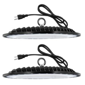 retisee 2 pieces 150w ufo led high bay light, 120v waterproof commercial bay lighting, 6000-6500k daylight 16500lm with power cord, hanging shop light fixtures for workshop garage factory warehouse