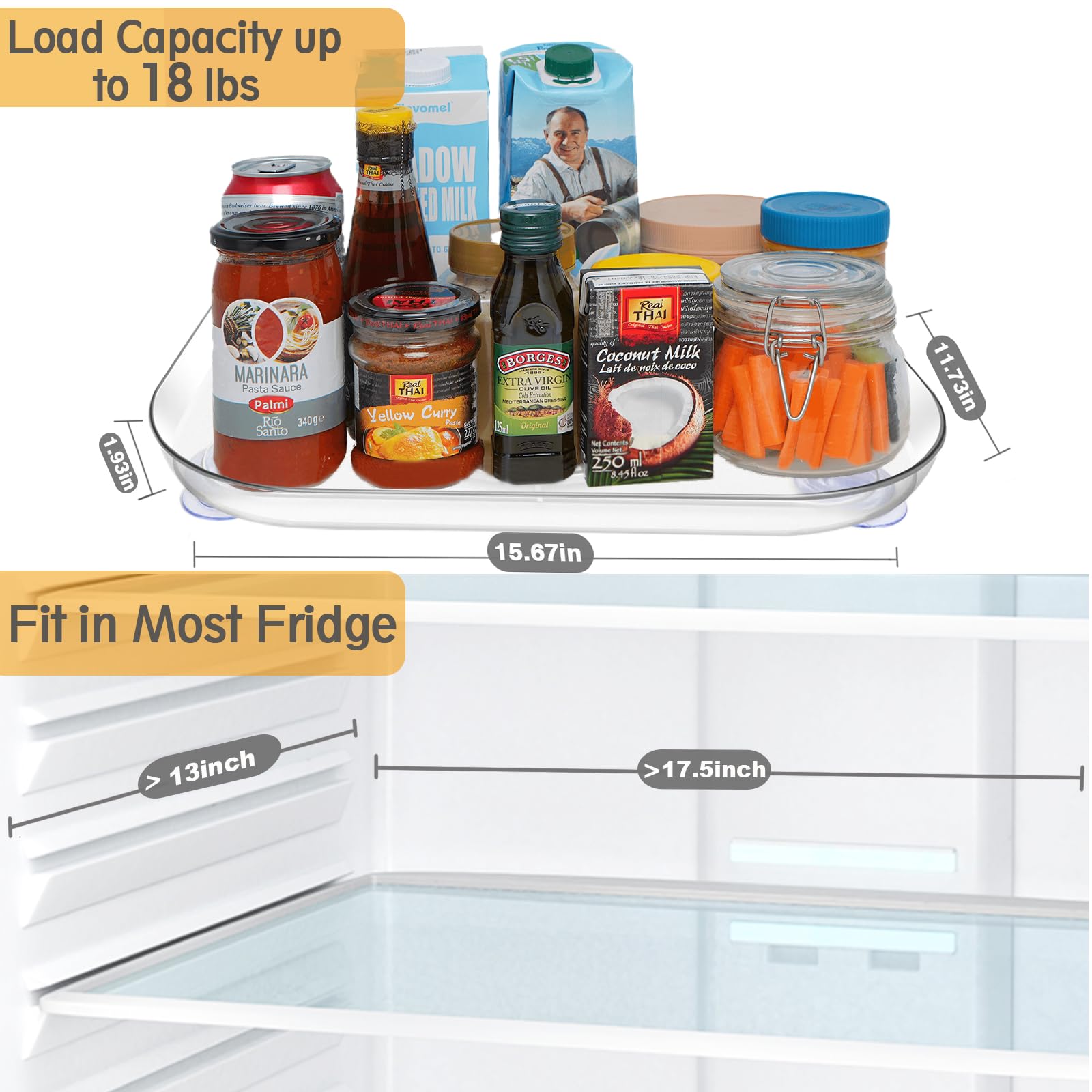 PZU 2 Pack Lazy Susan for Refrigerator, Lazy Susan Turntable Rectangular Fridge Organizer for Cabinet Pantry Refrigerator Organizers and Storage,15.67"x11.7"- Clear