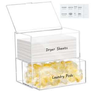 dryer sheet holder, dryer sheet container with dryer sheet label, acrylic dryer sheet dispenser, clear laundry room organizer with laundry room labels for dryer sheets, laundry pods, dryer balls