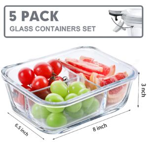 VERONES 5 Pack Glass Meal Prep Containers 3 Compartment Set, 36OZ Airtight Glass Lunch Containers, Glass Food Storage Containers with Lids, for Microwave, Oven, Freezer & Dishwasher Friendly,Grey