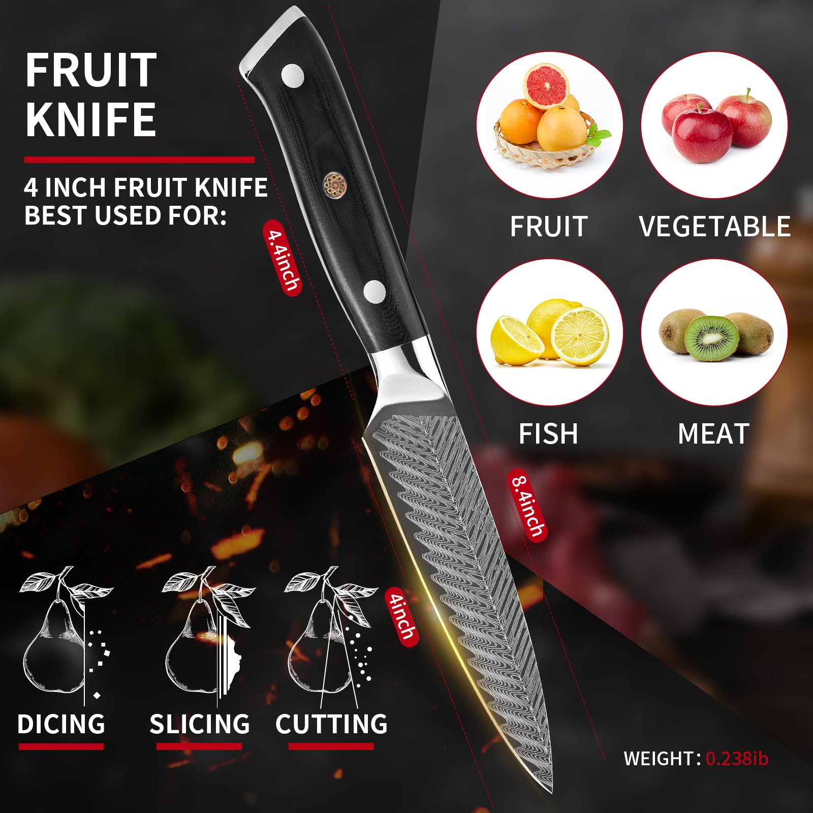 Crevuxe Fruit Knife,Sharp 4 Inch Professional YI-Series Paring Knife, German High Carbon Steel Full Tang Ultra Sharp Cooking Knives with G10 Glass Carbon Fiber Handle (4 Inch Paring Knife)