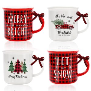 whaline 4pcs christmas mini mugs with plaid ribbon red black plaid xmas tree truck snowflake mini coffee mug merry christmas party cups for table centerpieces tiered tray decor gifts