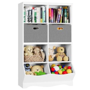 botlog white toy storage organizer, children bookcase and bookshelf with 2 bins and cubbies, toddler 8 cubby toy storage cabinet for boys girls, kids room, playroom, white