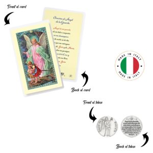 Spanish Catholic Guardian Angel Prayer Card - with Guardian Angel Coin - Laminated Double Sided Guardian Angel Holy Card, Guardian Angel Token - Angel De La Guarda Oracion Tarjetas - 6 Items Total