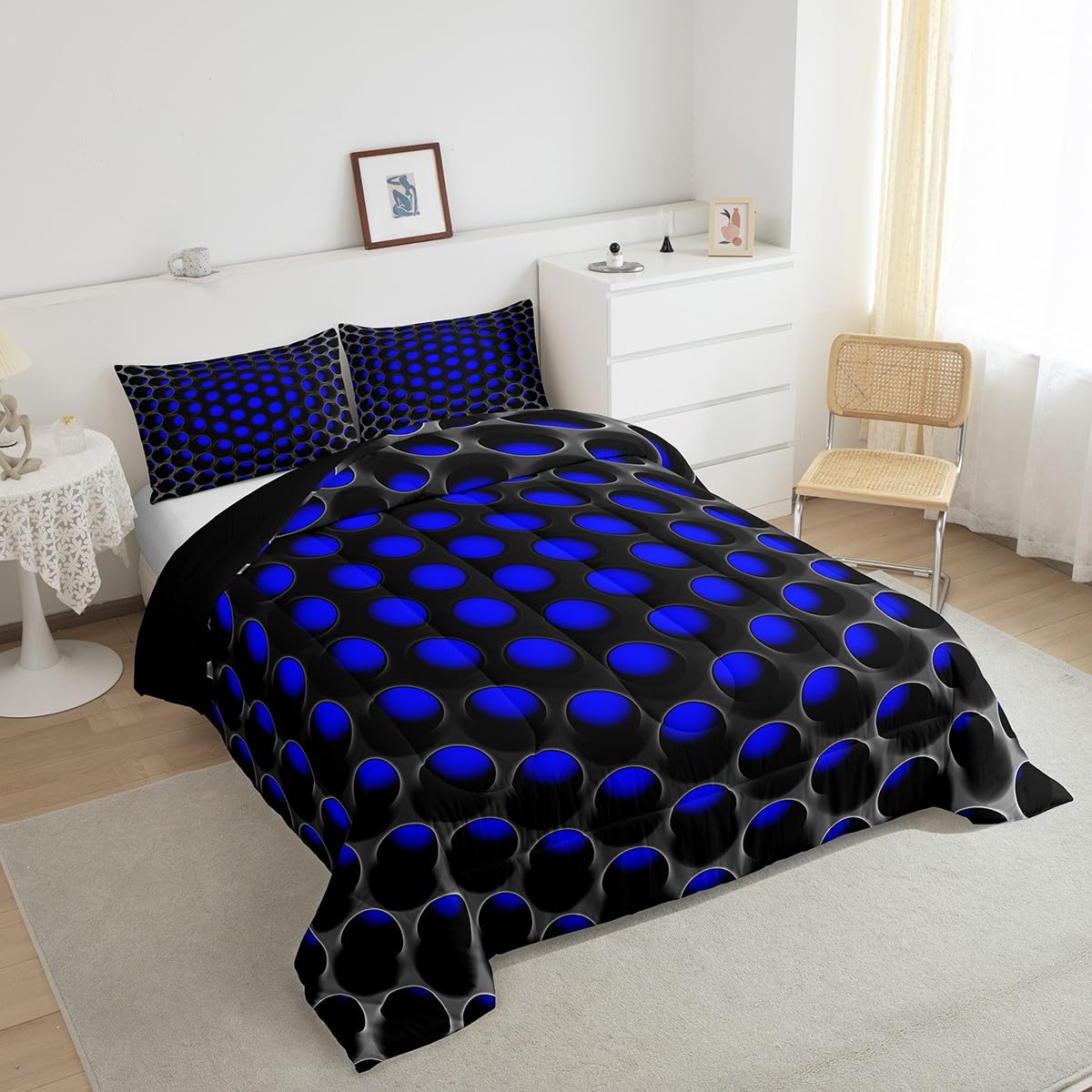 Erosebridal Boys Black Blue Full Size Bedding Set,3D Geometric Kids Comforter Teen Men Abstract Stereoscopic Dense Hole Pattern Duvet Insert Modern Geometry Soft Lightweight Room Decor,2 Pillow Cases