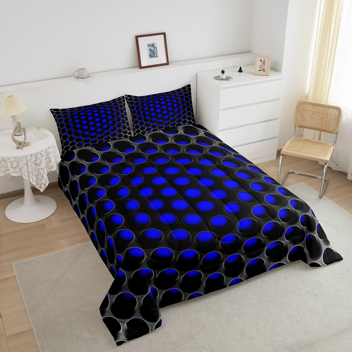 Erosebridal Boys Black Blue Full Size Bedding Set,3D Geometric Kids Comforter Teen Men Abstract Stereoscopic Dense Hole Pattern Duvet Insert Modern Geometry Soft Lightweight Room Decor,2 Pillow Cases