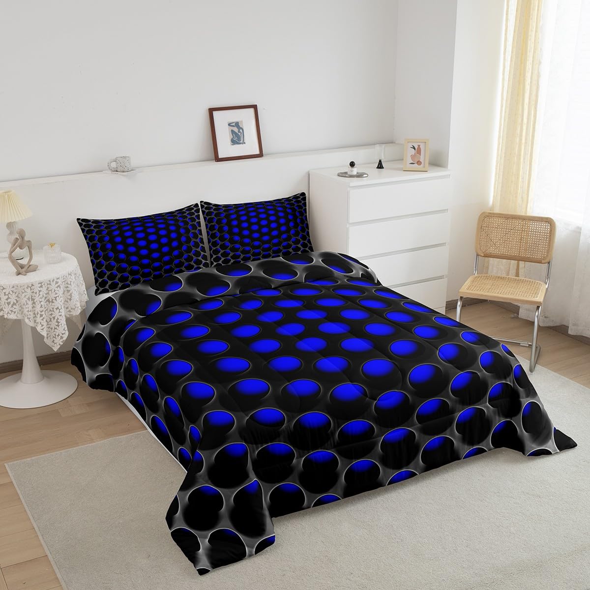 Erosebridal Boys Black Blue Full Size Bedding Set,3D Geometric Kids Comforter Teen Men Abstract Stereoscopic Dense Hole Pattern Duvet Insert Modern Geometry Soft Lightweight Room Decor,2 Pillow Cases