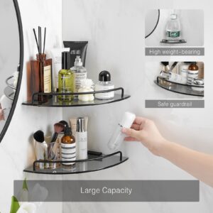 Voldra 2 Pack Glass Corner Shelf for Bathroom Corner Shower Caddy Shelf Black Tempered Glass Shelf with Rail Bathroom Corner Organizer Bathroom Shelves Wall Mounted