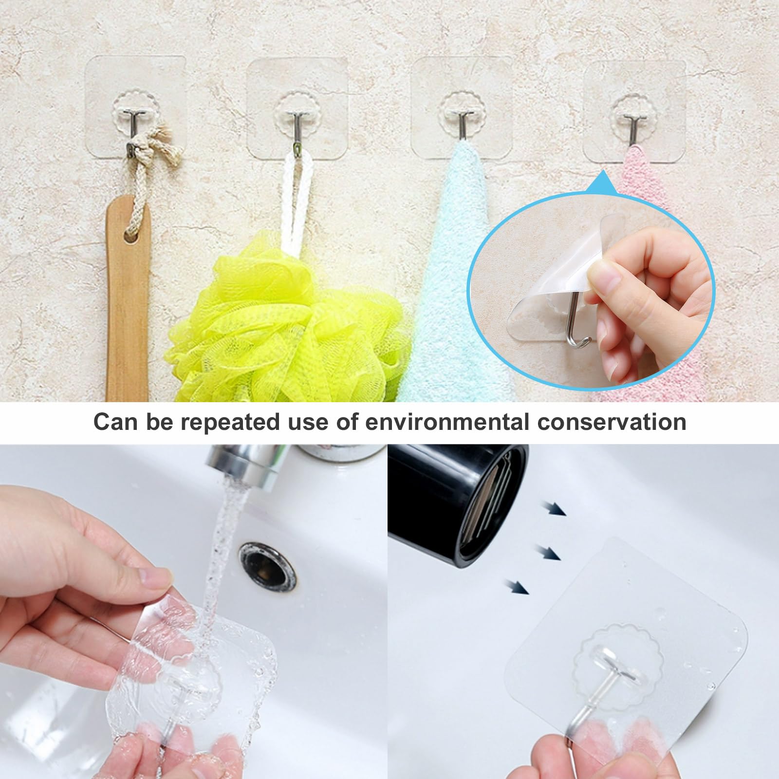 Wall Hooks 20lb(Max) Transparent Reusable Seamless Hooks,Waterproof and Oilproof,Bathroom Kitchen Heavy Duty Self Adhesive Hooks (20 Transparent)