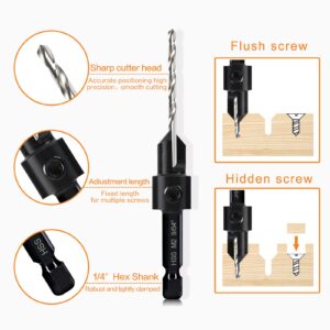 5-pc Woodworking Countersink Counterbore Drill Bit Set 3in1 for #6 8 10 12 16 Screws, M2 Pilot Drill Bits Adjustable Depth, 82-Degree Chamfer with Stop, 1/4” Hex Shank, Includes 2 Allen Wrenches