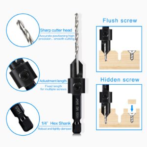 5-pc Countersink Drill Bit Set, 3in1 Woodworking Counterbore Hole Drill Bits for #6 8 10 12 16 Screws, Depth Adjustable M2 Pilot Drill Bits, 82-Degree Chamfer, 1/4” Hex Shank, 2 Allen Wrench