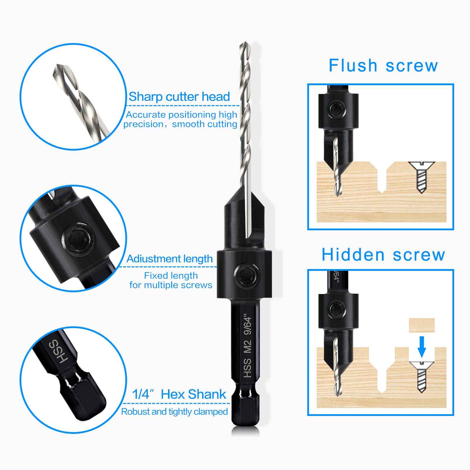 5-pc Countersink Drill Bit Set, 3in1 Woodworking Counterbore Hole Drill Bits for #6 8 10 12 16 Screws, Depth Adjustable M2 Pilot Drill Bits, 82-Degree Chamfer, 1/4” Hex Shank, 2 Allen Wrench