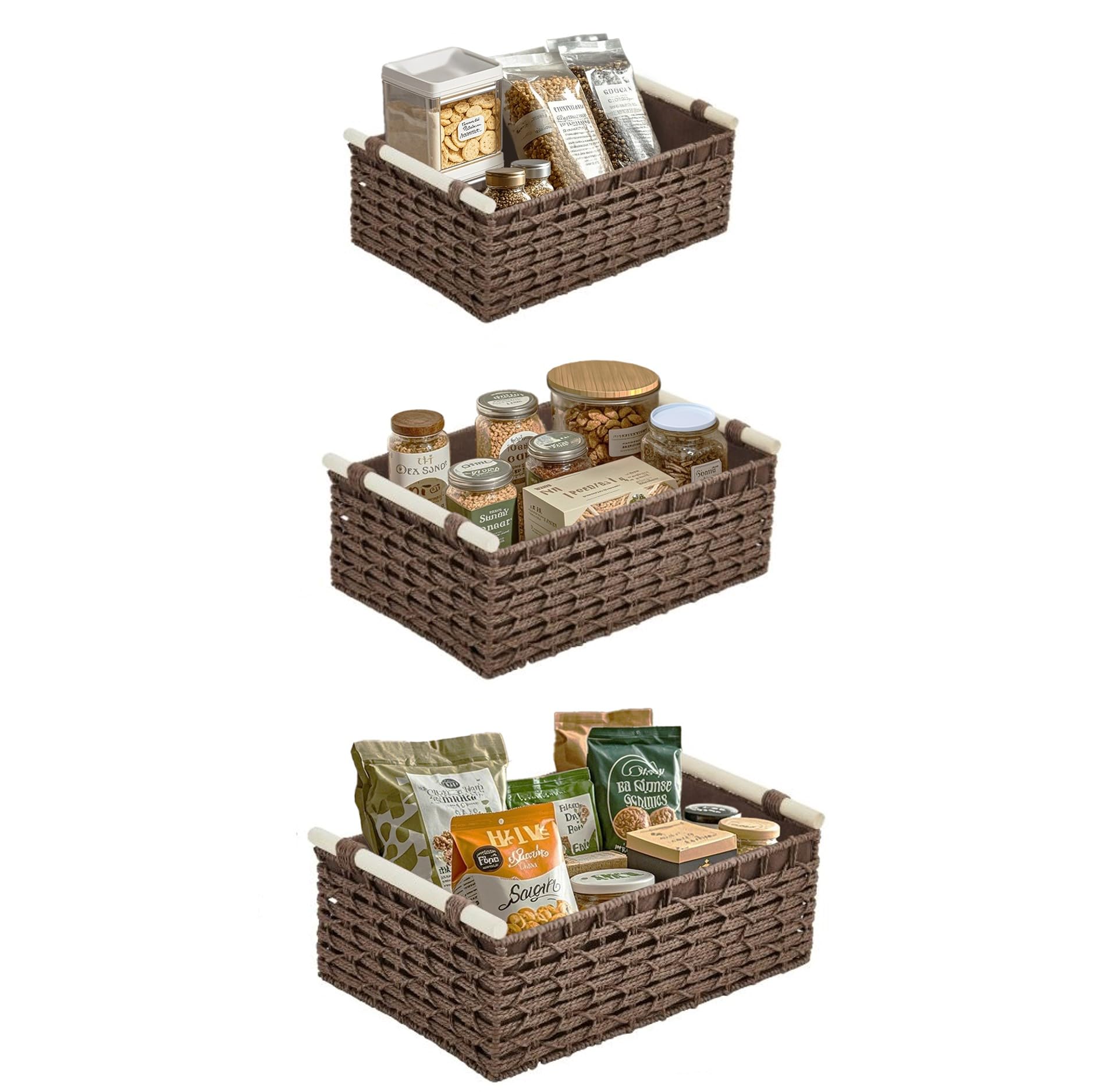 DECOMOMO Wicker Storage Basket, Toilet Paper Basket for Organizing Storage, Paper Rope Baskets with Liner and Wooden Handles for Shelves Cosmetics Books (Brown – 3 Pack)