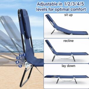 Beeveer 4 Pack Folding Beach Lounger Sunbathing Chair Heavy Duty Tanning Chair with Face Hole Adjustable 5 Position Folding Chairs, Backpack Straps, for Patio Pool Lawn Deck (Navy Blue, Black)