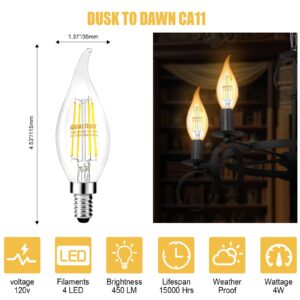 Qualilux Dusk to Dawn Candelabra Light Bulbs Outdoor, 40W Equivalent, Soft White, 4W 450LM, Auto On/Off, CA11 LED Light Sensing Bulb, Candle Flame Tip, Vintage Edison E12 Base, 4-Pack, HQ-H035