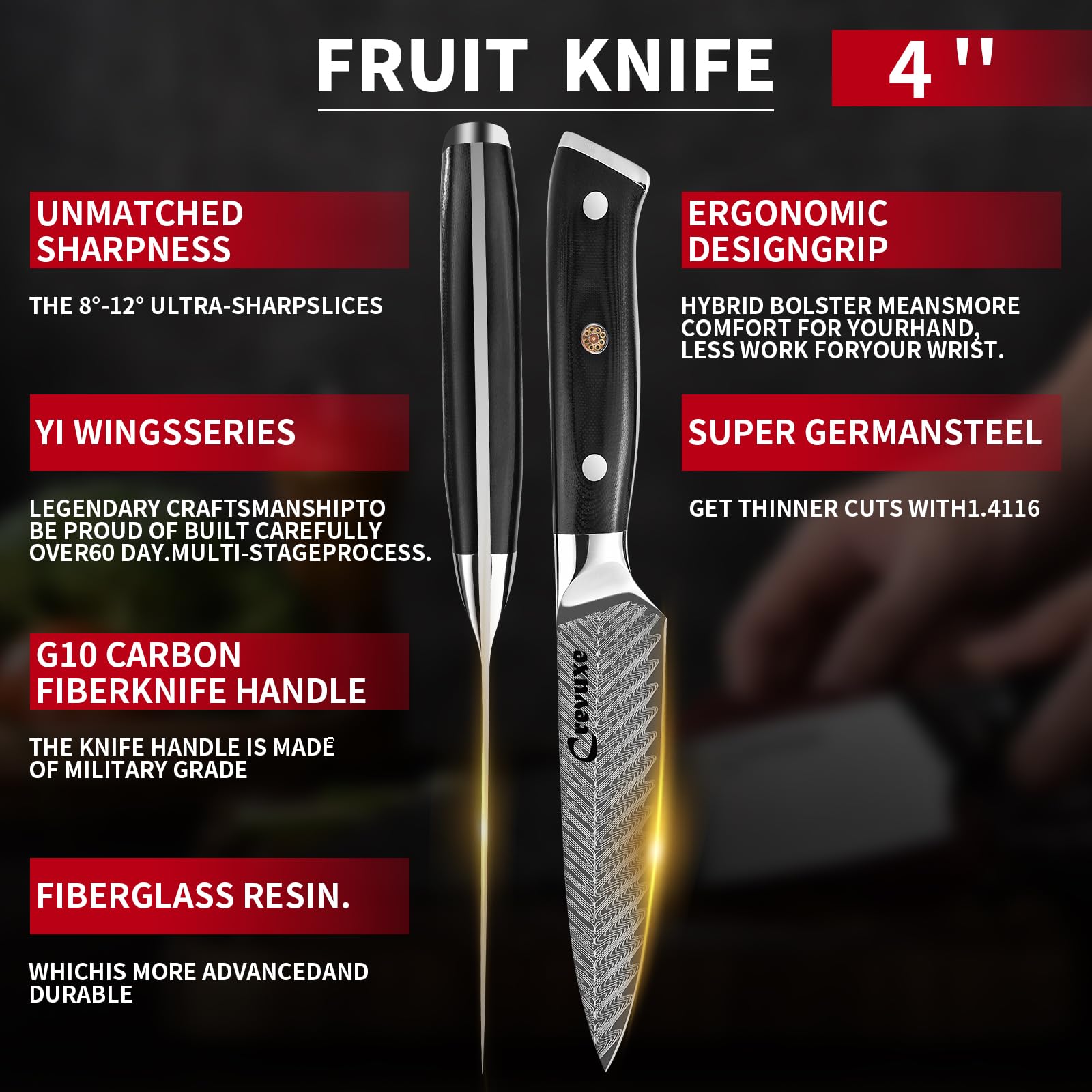 Crevuxe Fruit Knife,Sharp 4 Inch Professional YI-Series Paring Knife, German High Carbon Steel Full Tang Ultra Sharp Cooking Knives with G10 Glass Carbon Fiber Handle (4 Inch Paring Knife)