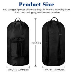 Sweetude 3 Pcs Large Laundry Backpack Bag for College, Travel, Apartment with Shoulder Straps and Mesh Pocket Heavy Duty Laundry Bag Dorm Hamper with Drawstring (Black)