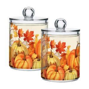 2 pack qtip holder dispenser for cotton ball pumpkin autumn yellow maple leaves fall cotton swab cotton round pads clear plastic acrylic jar set bathroom canister